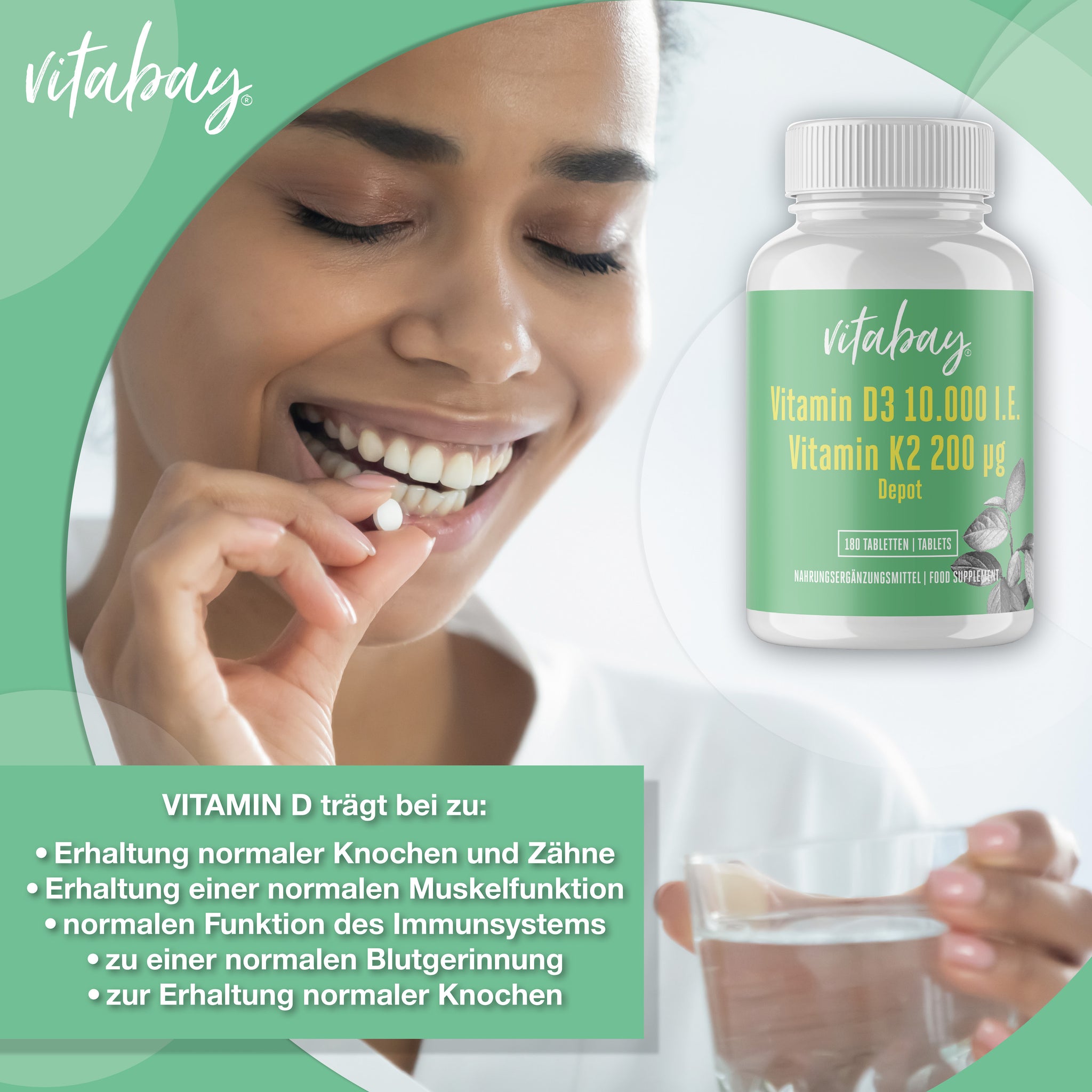 Vitamin D3 Depot 10.000 I.E. + Vitamin K2 200mcg - 180 vegane Tablette – Vitabay